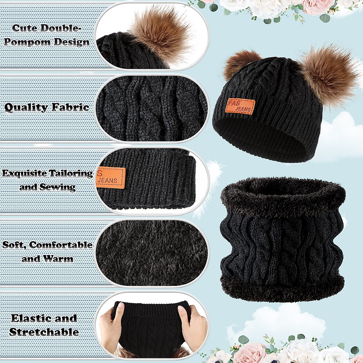 6 Pcs Toddler Winter Hat and Gloves Set with Neck Warmer Kids Pompom Hat Knitted Beanie Mittens for Baby Boys Girls 0-4 Year(Black, White)