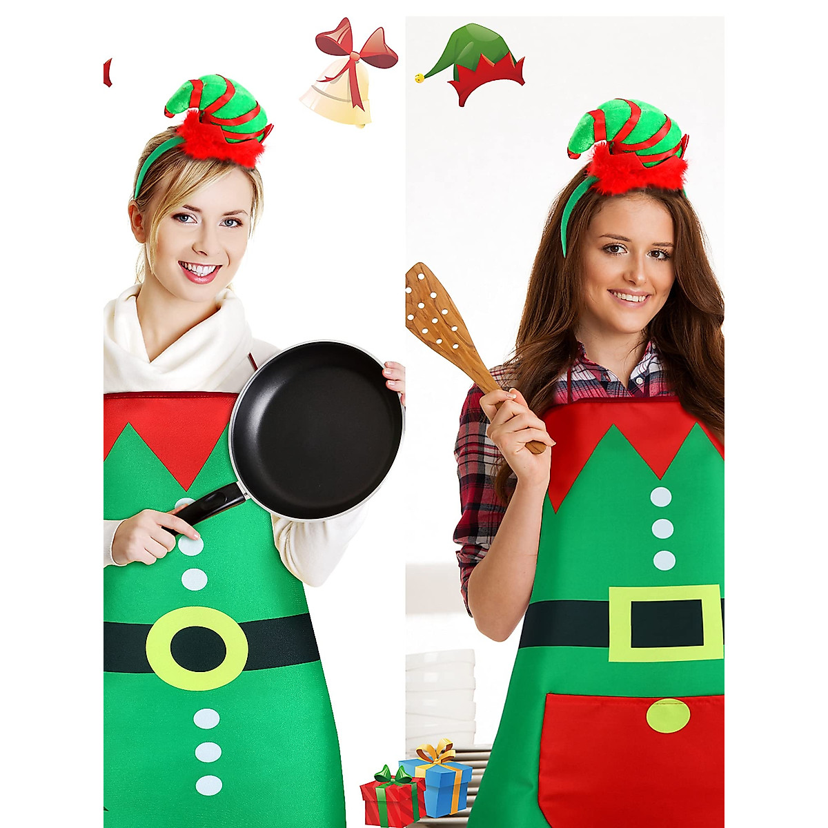 SATINIOR 4 Pieces Christmas Elf Apron and Santa Elf Hat Headbands Cute Kitchen Cooking Aprons Christmas Costume Accessories for Fancy Dress Party Thanksgiving Day Multicolor