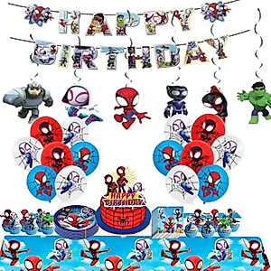 Spidey and His Amazing Friends Birthday Party Supplies Decorations Set with Tablecloth,Plates,Napkins, Banner, Balloons, Hanging Swirls, Cake Cupcake Toppers for Boys Girls Spidey-Theme Party