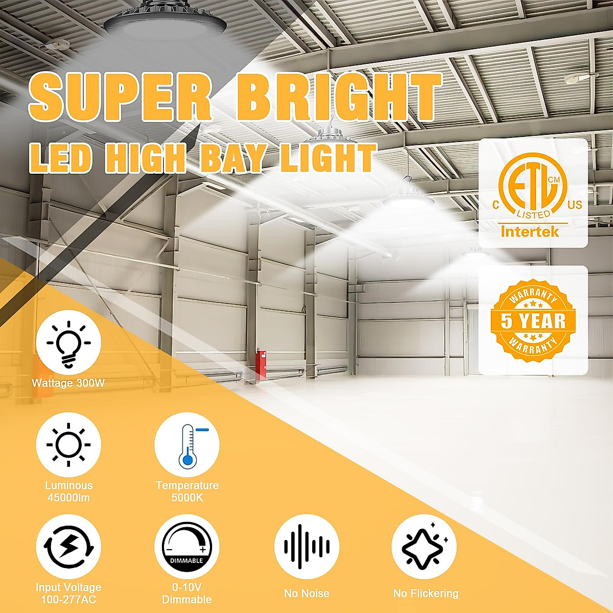 JC-LGL UFO LED High Bay Light 300W 4Pack,High Lights 45,000LM(1250W MH/HPS Eqv.) Dimmable 6' Cable with Plug,Hanging Hook,Safe Rope,ETL Listed for Warehouse Factory Barn Shop,Black