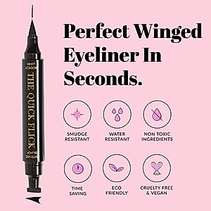 The Quick Flick - Wings Eyeliner Stamp, Felt-Tip Liquid Eyeliner, Water-and-Smudge-Proof Cat Eyeliner, Intense Black Liquid Eyeliner Pen, Grand 12mm (5mm Thickest) Winged Eyeliner Stamp, 2 Pens