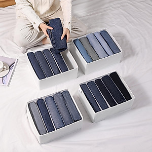 Coorganisers 4 Packs Jeans Drawer Organizers for Clothing,5 Grids Compartment Wardrobe clothes organizer,Fabric Washable Closet Organizers and Storage Bins for Jeans,Pants,Bra,Legging,t-shirt-White