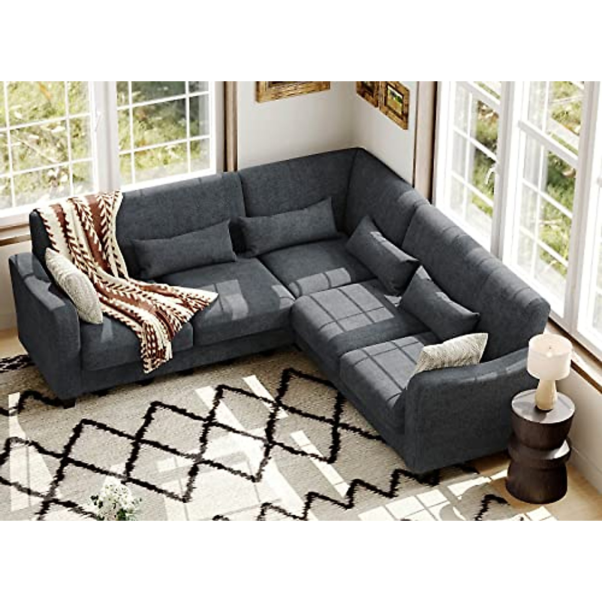 Belffin Fabric L Shaped Sofa Small Sectional Couch with Chaise Solid Corner Sofa Small L Couches 4 Seater Sofa Bluish Grey