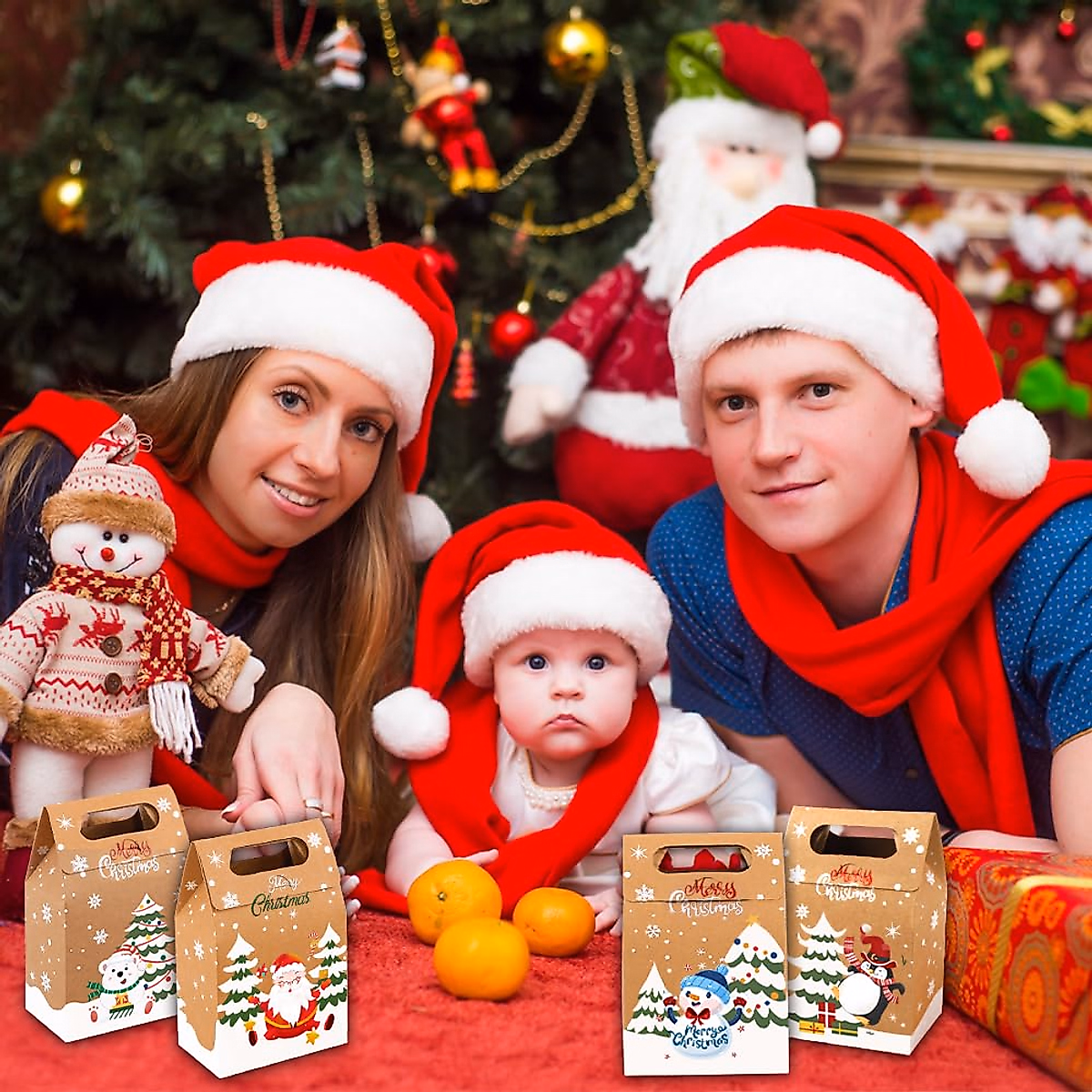 Vellibring 24PCS Christmas Kraft Candy Boxes,Christmas Kraft Paper Cookies Candy Treat Boxes Bags for Christmas Gift Wrapping Boxes Xmas Party Supplies Decorations