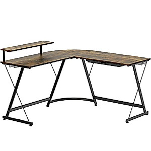 SHW Vista L Desk with Monitor Stand Drawer, Rustic Brown