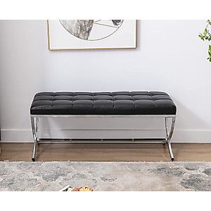 EALSON Modern Entryway Bench Leather Upholstered Dining Bench with Metal Base Button Tufted Ottoman Bench with Padded Seat Accent Foot Bench for Bedroom End of Bed/Living Room, Black