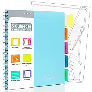 MOWEE Spiral Notebook - 5 Subject Notebook, College Ruled Notebook 3-Hole Punched With Dividers, Storage Pockets, 11" Ruler, 200 Pages, for Writing Journal, Home &Office, School Supplies, A4, Baby