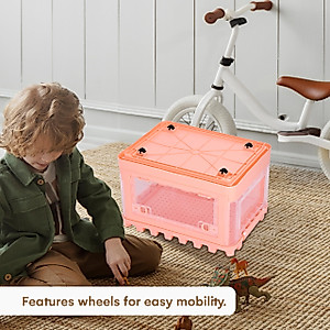 CHILDLIKE BEHAVIOR Foldable Bins with Lids - Pink Plastic Toy Bin - Heavy-Duty, Odorless, Built-in Lock Buckles, Two Opening Ways, Stackable, Moveable - 22.4 x 15 x 31.5 inches