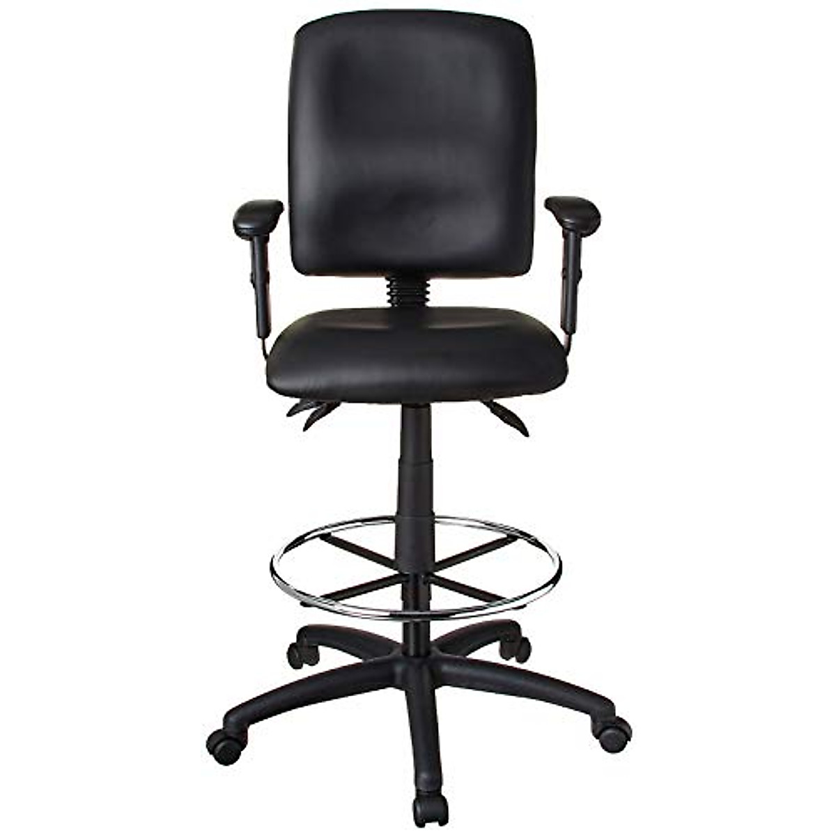Boss Office Products Multi-Function LeatherPlus Drafting Stool with Adjustable Arms in Black