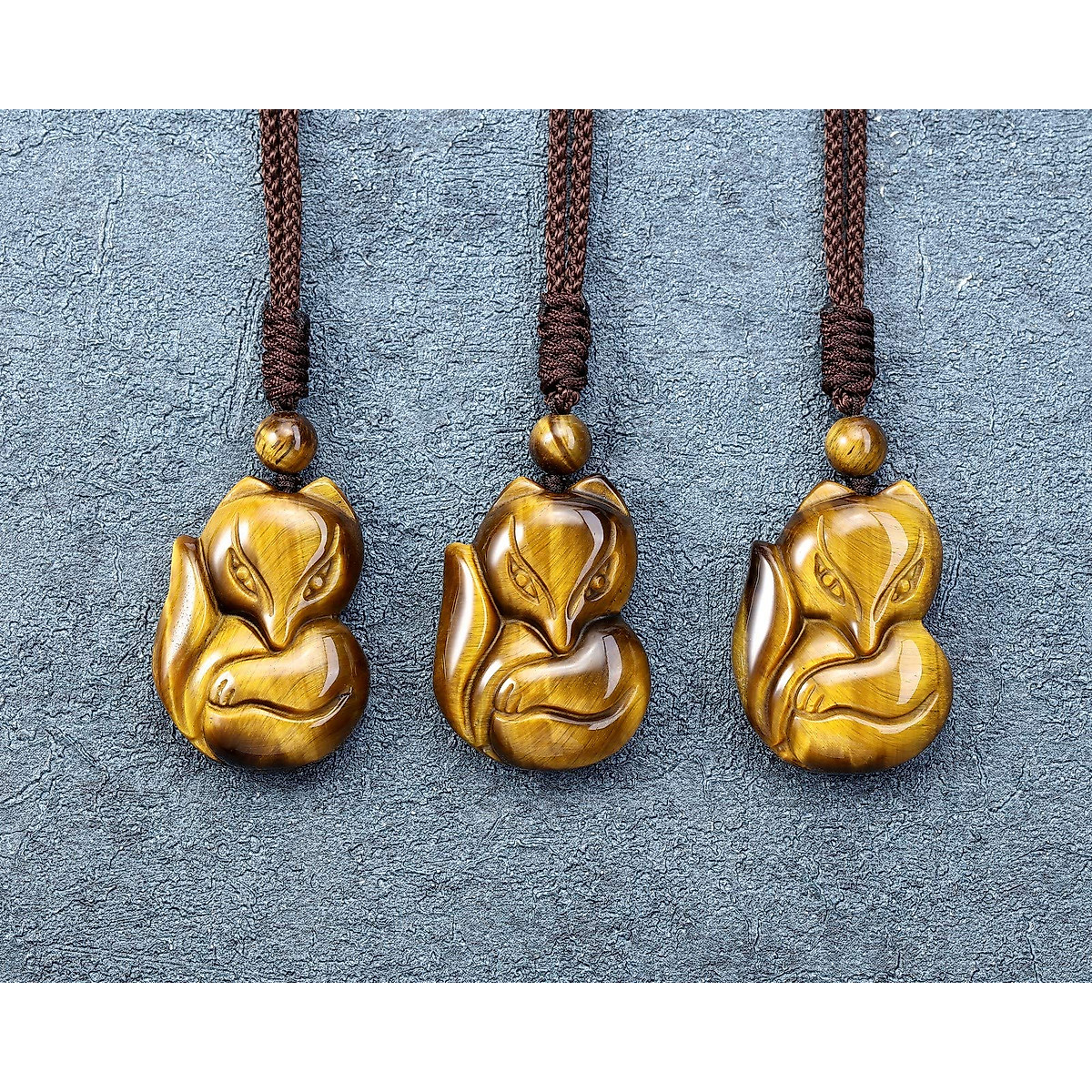 Jovivi Healing Crystal Necklace Natural Tiger Eye Stone Fox Lucky Charm Amulet Bead Pendant Necklace Gemstone Jewelry Adjustable Rope