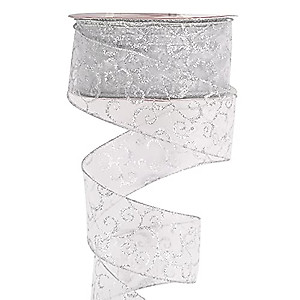 AIMUDI Silver Sheer Organza Christmas Ribbon, 2.5 Inch x 50 Yards, Swirl Pattern, Wired Edge, Perfect for Wreaths, Trees, Gifts, Weddings