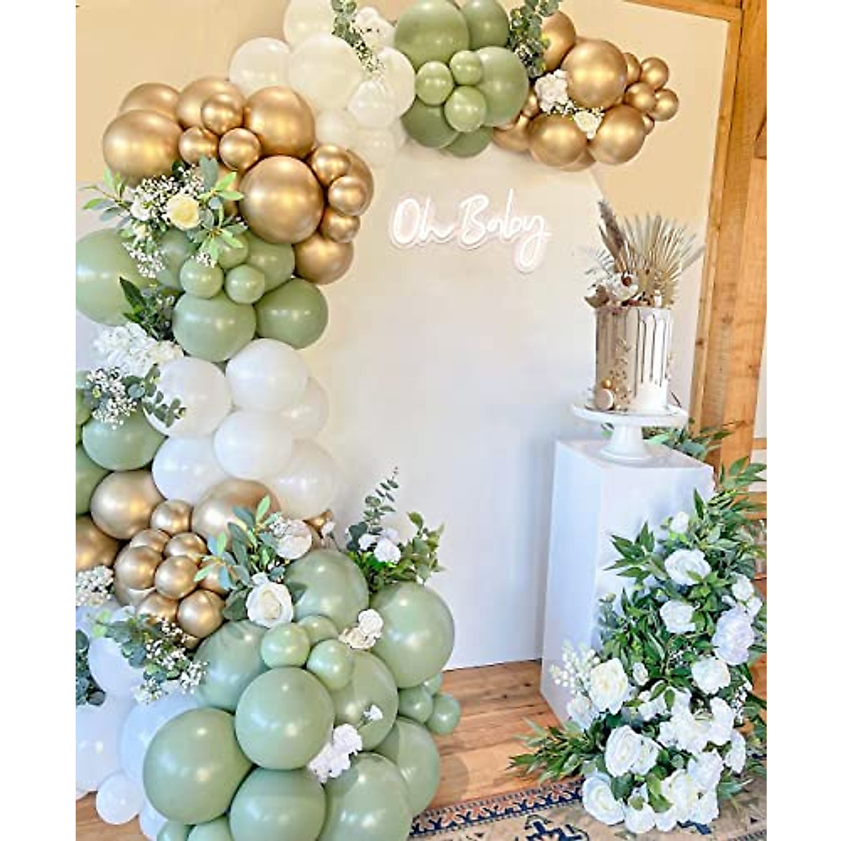 Sage Green Balloon Garland Kit,138pcs Sage Green Balloons with White Metallic Gold Confetti Balloons for Wedding Birthday Party Baby Shower Party Background Decoration