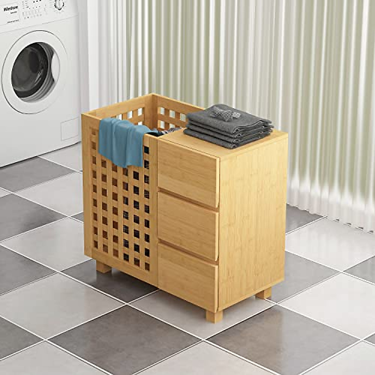 Duitrc 23" Wood Laundry Hamper Bathroom Storage Basket with 3 Drawer Bamboo Bathroom Laundry Hamper Large Storage Dirty Clothes Basket for Towels Blanket Toys in Dorm Bedroom Closet and Bathroom