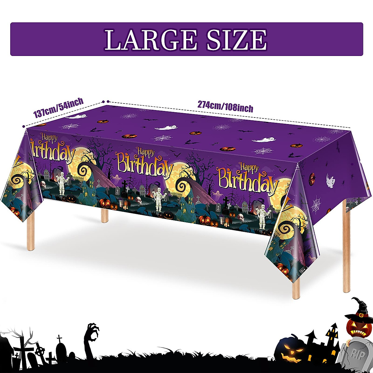 3 Pack Halloween Birthday Party Tablecloth, Happy Birthday Halloween Table Cover, Pumpkin Ghost Spooky Castle Halloween Party Supply for Boy Kids Girl, Halloween Birthday Party Decoration 108x54 Inch