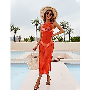 BMJL Womens Crochet Cover Up Sleeveless Side Split Cute Coverups Hollow Out Swimsuit Cover Ups (Large, Orange)