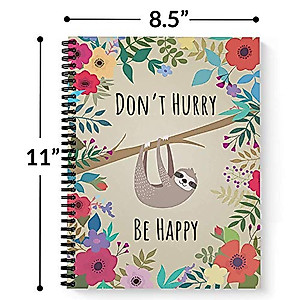 Softcover Be Happy 8.5" x 11" Funny Sloth Spiral Notebook/Journal, 120 Wide Ruled Pages, Durable Gloss Laminated Cover, Black Wire-o Spiral. Made in the USA