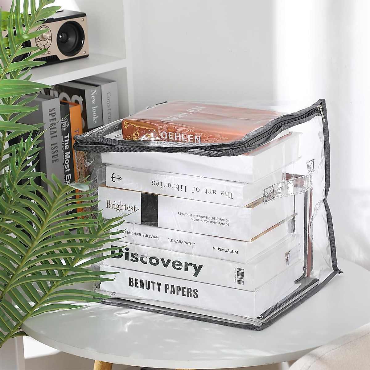 Abbylike 6 Pcs 12'' Zippered Clear Plastic Storage Bags with Label Pocket and Handles Plastic Storage Bins Clear Moving Bags Waterproof Organizers Tote Bags for Closet Sheet Clothes Packing(Gray)