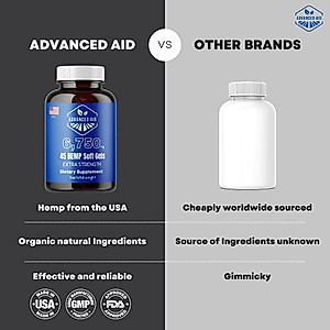 Advanced Aid Natural Premium Organic Hemp Oil 6750mg (150mg per SoftGel ) 45ct Non-GMO Ultra-Pure CO2 Extracted Made in The USA. Read Description
