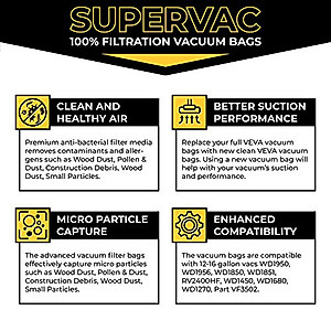 VEVA 10 Pack Premium SuperVac Vacuum Bags VF3502 Compatible with 12-16 Gallon Ridgid Wet/Dry Vacuums