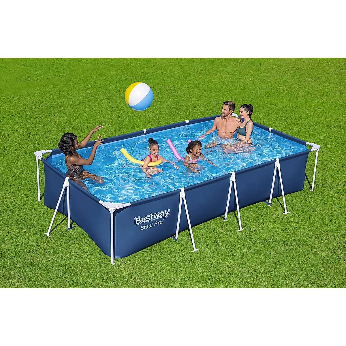 Bestway Steel Pro 13 Feet x 7 Feet x 32 Inch Rectangular Metal Frame Above Ground Outdoor Backyard Swimming Pool, Blue (Pool Only)