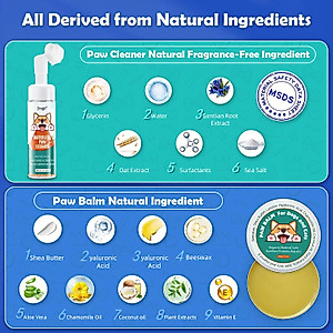 Dog Paw Care Kit | No-Rinse Paw Cleaner for Dogs & Cats (7 Fl Oz)| Paw Balm for Heal Dry Cracked Paws & Nose | Safe & Natural Foaming Feet Cleaner with Silicone Brush Dogs