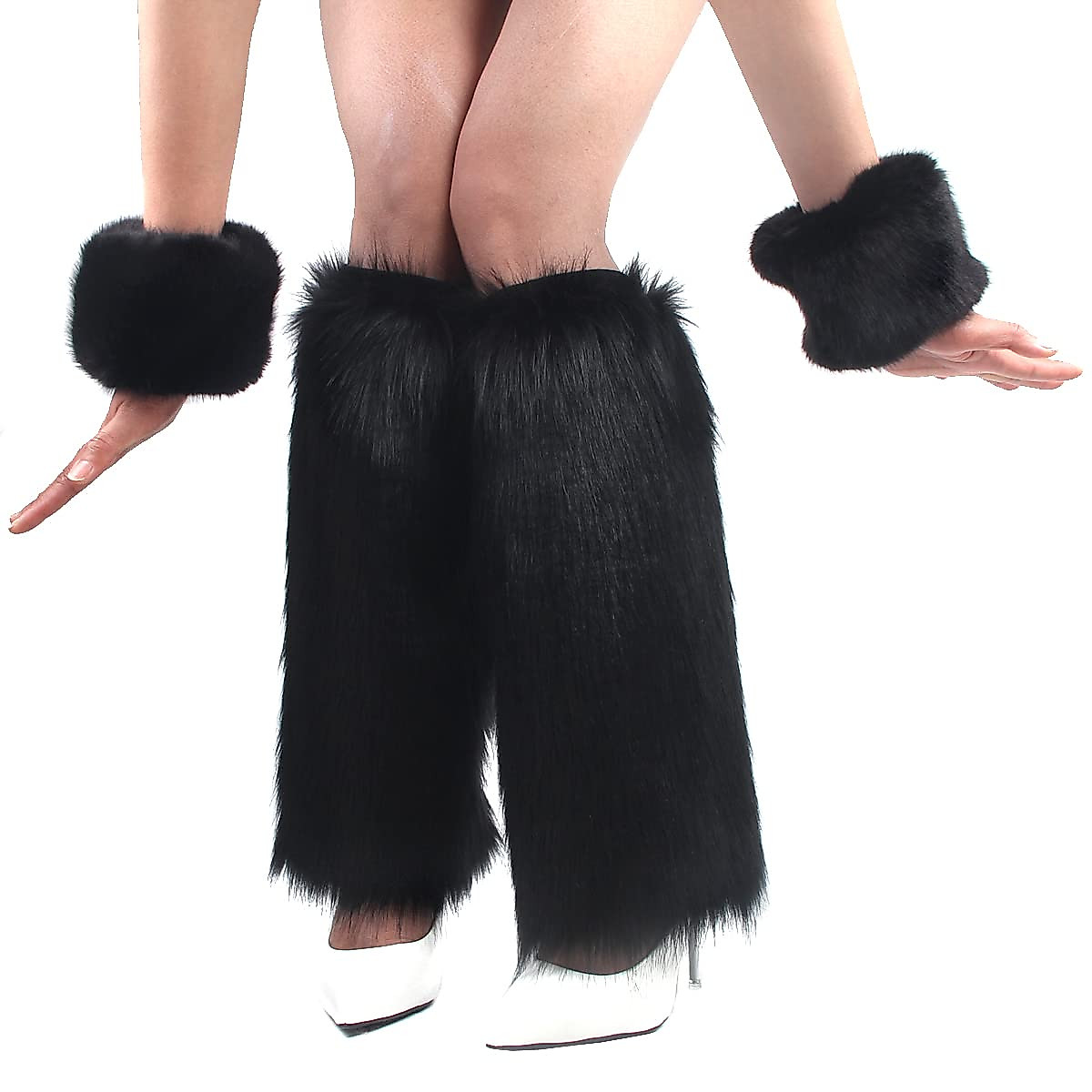 Faux Fur Cuffs Furry Leg Warmers and Wrist Cuff Warmer Boot Cuff,2 Pairs Set For Women Party Costumes
