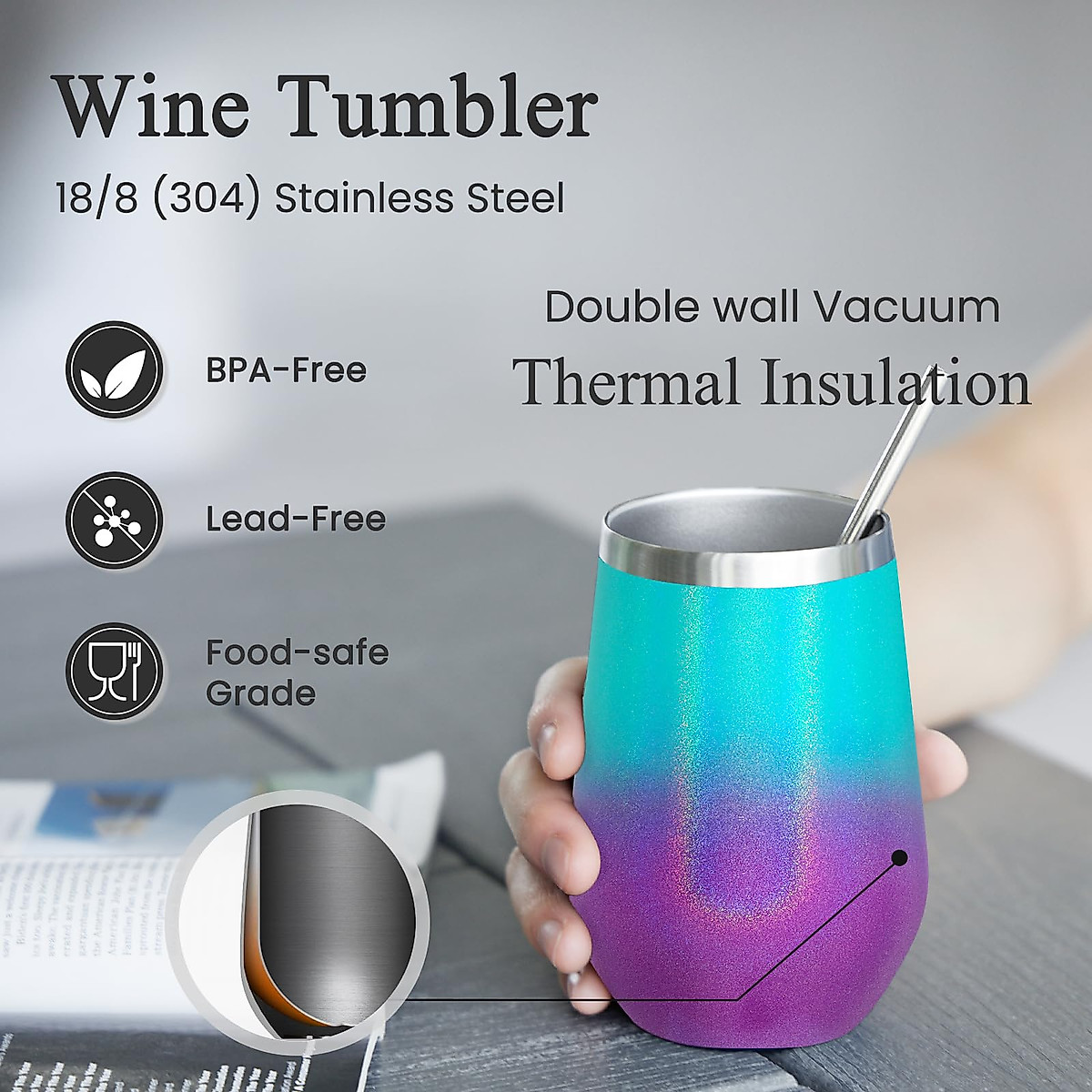 MEWAY Stemless 12oz Insulated Wine Tumbler with Lid and Straw - Double Wall Stainless Steel Thermal Cup for Hot and Cold Drinks, Travel wine glass, Bridal and Baby Shower Game Prizes(Glitter Aurora,1)