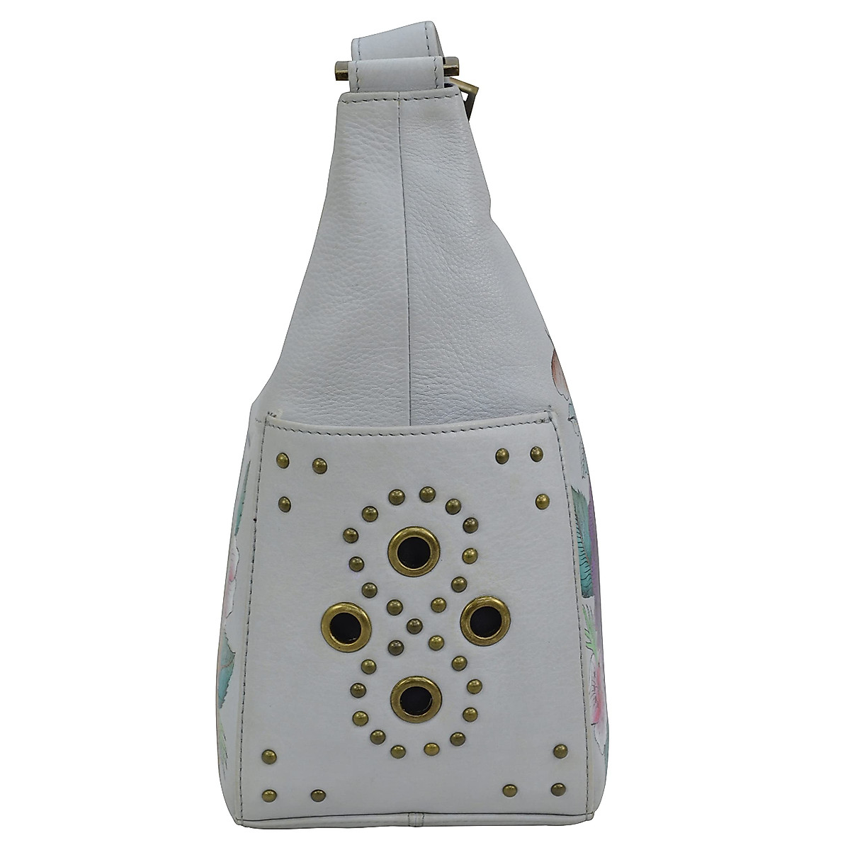 Anuschka Hand Painted Women’s Genuine Leather Classic Hobo With Studded Side Pockets - Floral Charm