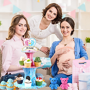 Gender Reveal Party Cupcake Stand Decorations, Blue and Pink 3 Tier Baby Shower Cupcake Toppers Tower Cardboard Supplies for Boy Girl Baby Gender Reveal Birthday Party Favors