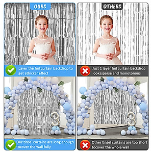 Accevo Silver Party Streamers 3Pack Metallic Tinsel Foil Fringe Curtains 3.2ft x 8.2ft Party Decorations for Photo Booth Photoshoot Birthday Bridal Shower Engagement Bachelorette Disco Party Decor