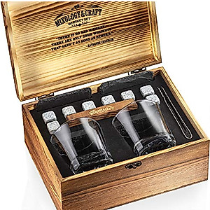 Mixology Whiskey Stones Gift Set for Men - Pack of 2, 10 oz Whiskey Glasses w/ 8 Granite Chilling Rocks, 2 Coasters, Metal Tong & Cocktail Cards in Wooden Box - Square