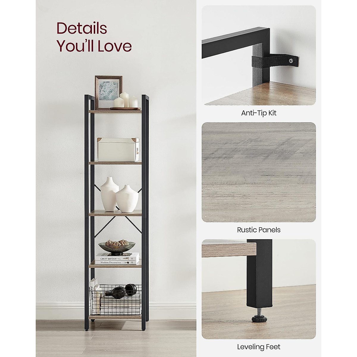 VASAGLE 5-Tier Bookshelf, Bookcase with Steel Frame, Book Shelf for Living Room, Home Office, Study, 11.8 x 15.7 x 60.2 Inches, Industrial Style, Heather Greige and Ink Black ULLS100B02