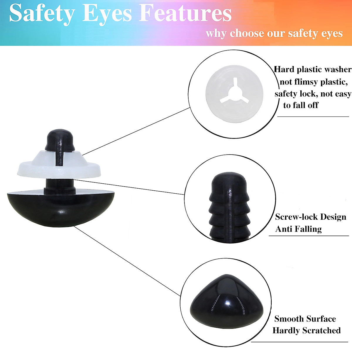 BESTCYC 1 Box(50PCS) 19.5mm Black Plastic D-Type Animal Safety Nose with Washers for Bear, Doll, Puppet, Plush Animal and Craft