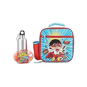 Ryan's World Lunch Box Set for Boys & Girls, Stainless Steel Water Bottle with Carabiner Clip and Ice Pack, Insulated & Waterproof Lunch Bag with Zipper, 4 Pieces