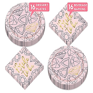Live It Up! Party Supplies Pink & Gold Diamond Bride to Be Paper Dessert Plates and Beverage Napkins (Serves 16)