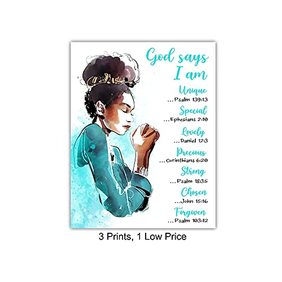 Inspirational African American Women Bible Verses - Black Art - Religious Christian Scripture Positive Encouragement Gifts - Light Blue Motivational Glam Designer Fashion Wall Decor Poster for Girls
