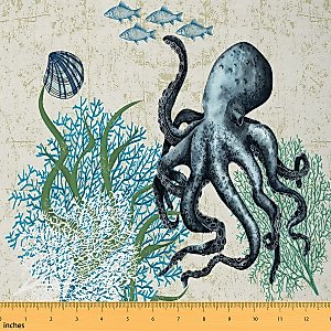 Octopus Fabric by The Yard 1 Yard Kids Ocean Kraken Decorative Waterproof Outdoor Fabric Tentacles Upholstery Fabric for Chairs Sealife Sea Animal Coral Blue Green Outdoor Fabric