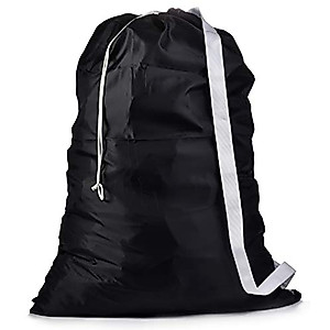 Shoulder Strap Laundry Bag - Drawstring Locking Closure, Durable Nylon Material, Large Capacity, Heavy Duty Stitching, Hands Free Carrying, Perfect for Laundromat or College Dorm. (Black | 30" x 40")