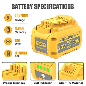 JUNWOOD 2Pack 9.0Ah Replacement for Dewalt 20V 60V Flexvolt Battery Compatible with DCB609 DCB606 DCB612 DCB200 DCB201 DCB203 DCB204 DCB206 DCB207 DCB209