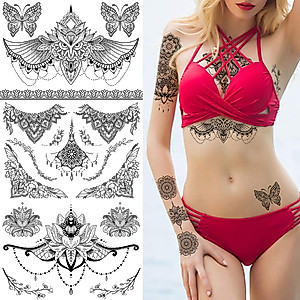 Glaryyears Black Lace Temporary Tattoo for Women Girls, 60+ Patterns 8 Pack Fake Mandara Flowers Tattoos Stickers, Sexy on Body Underboob Arm Chest Shoulder Thigh Abdomen Waist for Beach Party