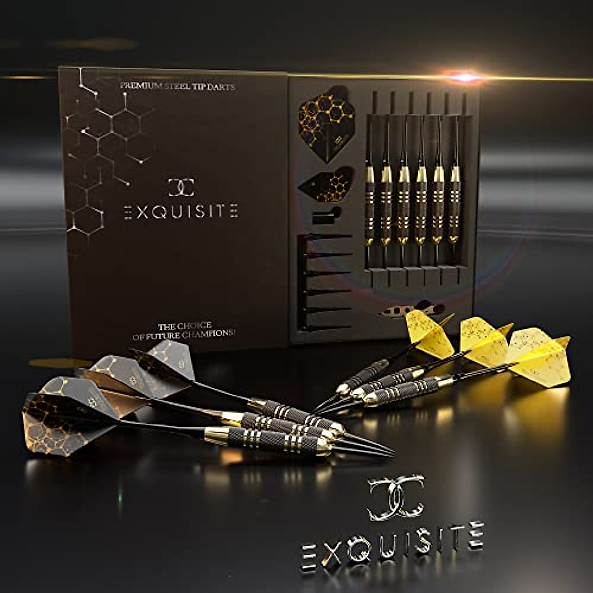CC-Exquisite Premium Steel Tip Darts Set - Professional Darts, Brass Barrels, Metal Tip Darts, Extra Flights, (12) Aluminum Shafts 35/48, O-Rings, Dart Tool, Dart Sharpener, Darts Case.