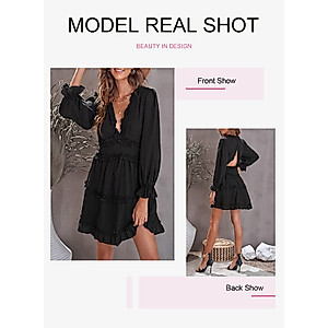 Dokotoo Womens Cute Spring Summer Casual Sexy Deep V Neck Ruffle Chiffon Lantern Long Sleeve Elegant Boho Hawaiian Flowy Mini Short Skirt Dresses for Women Party 2023 Black Small