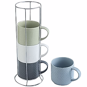 Hasense Stackable Porcelain Coffee Mugs Set of 4 with Metal Stand, 15 Ounce Embossed Cappuccino Cups for Specialty Coffee Drinks and Tea, Multi Color