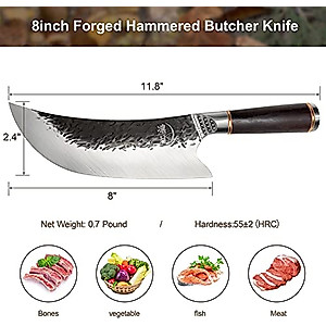 RITSU Viking Knife 8 Inches With Sheath, German High Carbon Stainless Steel Hammered Blade With Ebony Handle For Outdoor Barbecue Home Kitchen