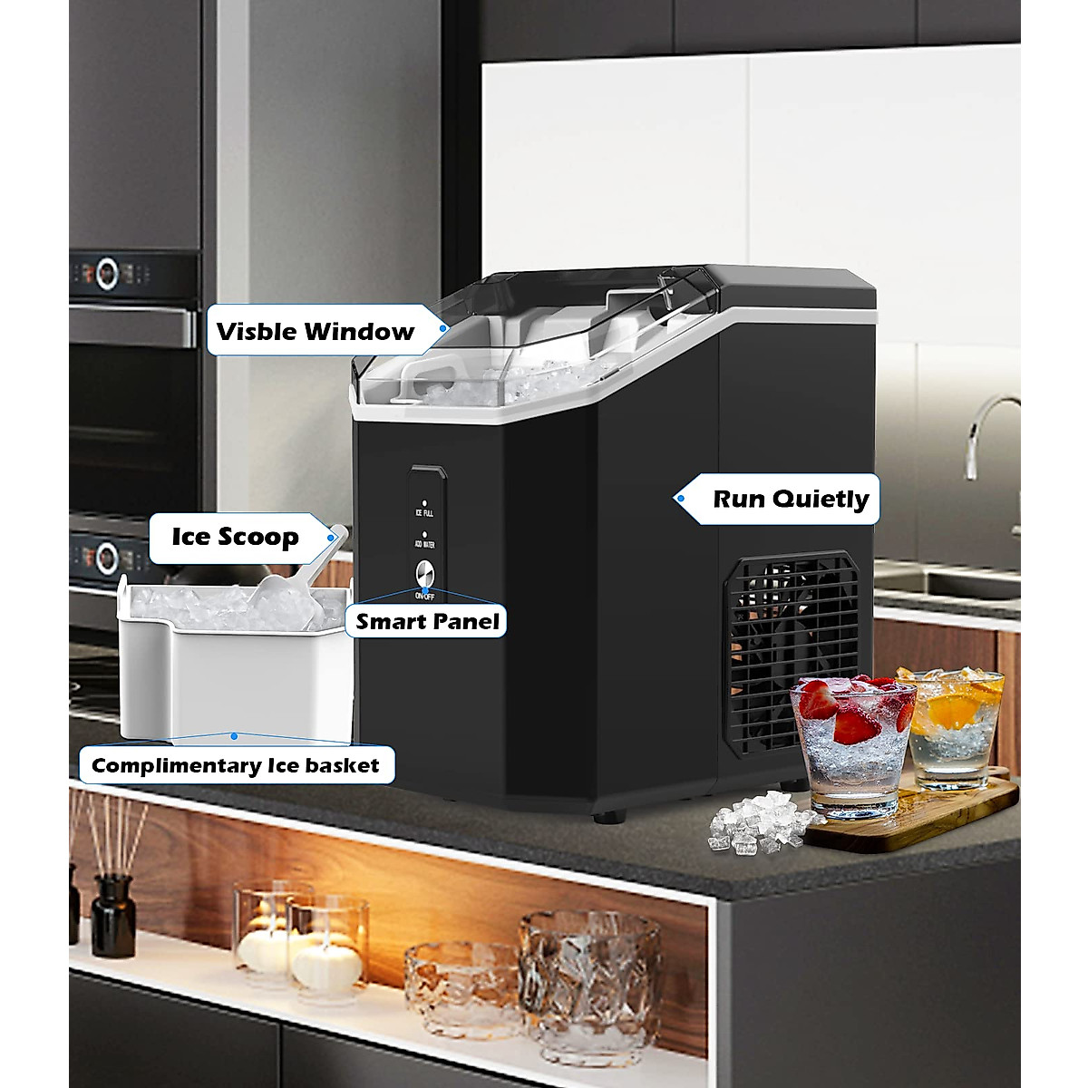 FOOING Nugget Ice Maker Countertop, Crushed Chewable Maker, Self Cleaning Makers with One-Click Operation, 34Lbs/24H, Pebble Portable Machine Scoop for Home Bar Camping RV