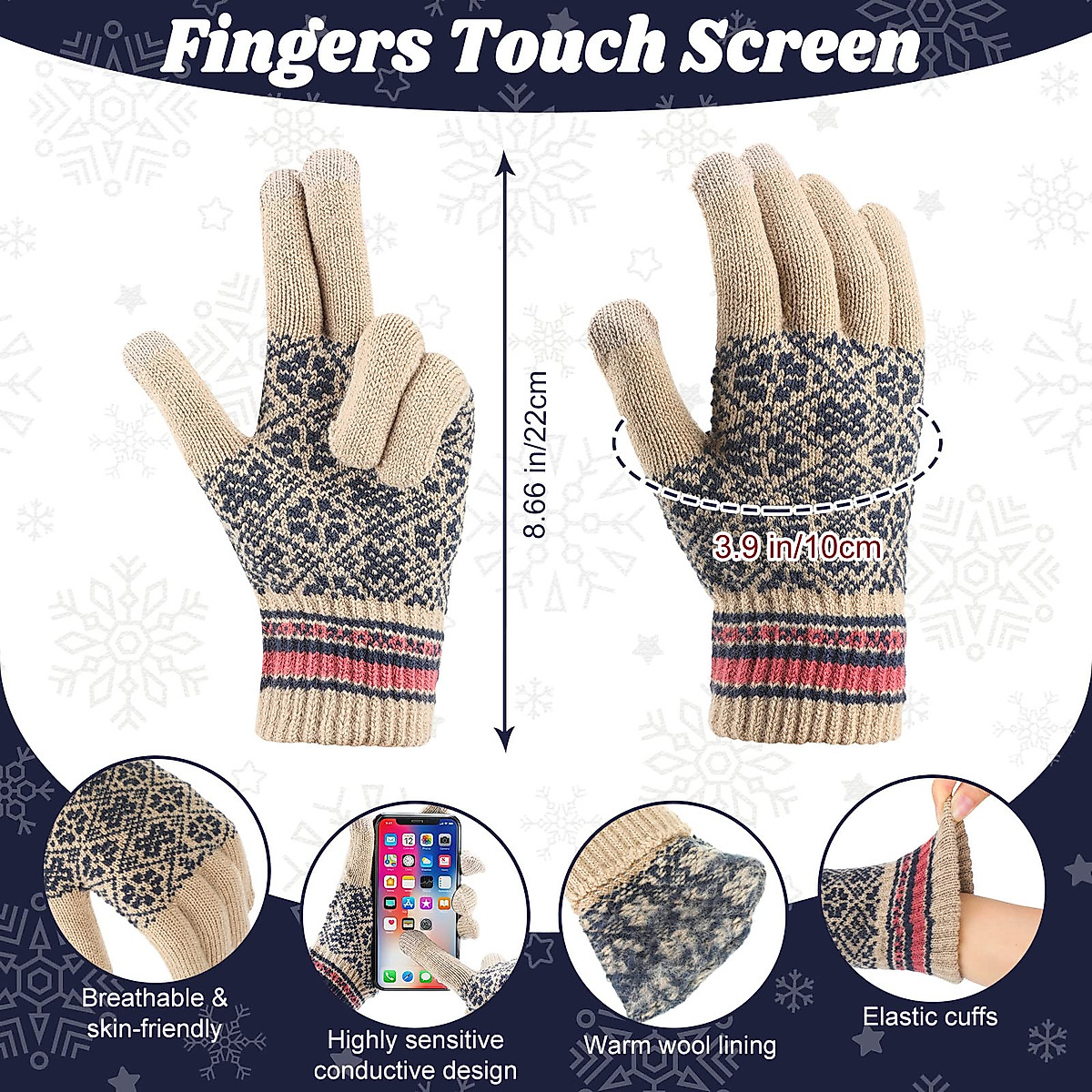 5 in 1 Women Soft Warm Thick Cable Knitted Beanie Hat Scarf Gloves Socks Earmuff Set Thickened Lining Cap Touchscreen Gloves (Beige, Khaki)