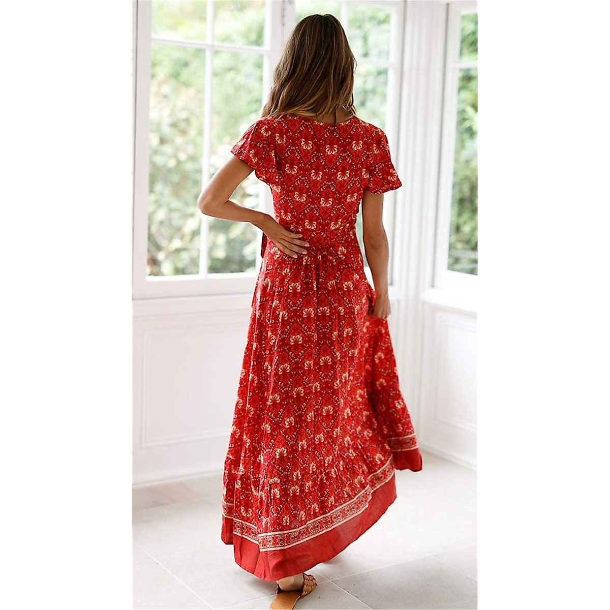 PRETTYGARDEN Women's Casual Long Summer Dresses Boho Floral Wrap V Neck Short Sleeve Split Maxi Beach Dress (Red -1,Medium)