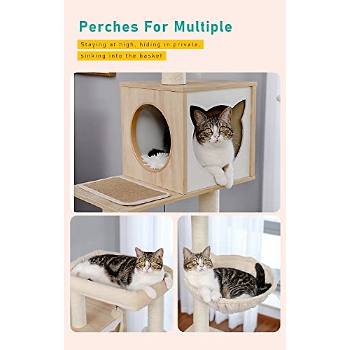 PETEPELA Modern Cat Tree Wood Cat Tower with Storage Cabinet Litter Box Enclosure and Spacious Cat Condo, Large Top Perch and Hammock, Sisal Covered Scratching Posts for Cats Beige