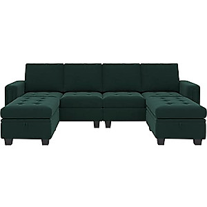 Belffin Velvet U Shaped Sectional Sofa Couch with Storage Ottoman Convertibel Sectional Sofa with Reversible Chaises Green