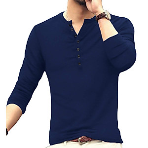 YTD Mens Casual Slim Fit Basic Henley Long Sleeve Fashion T-Shirt S Navy
